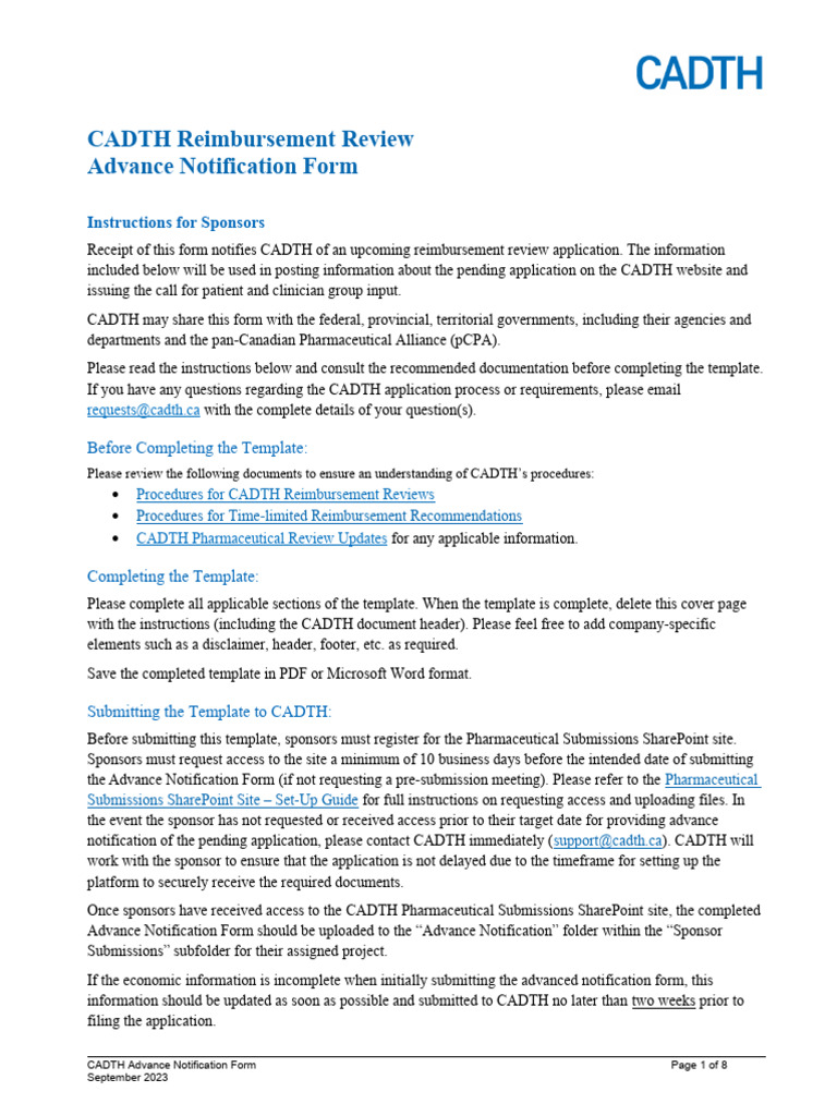 CADTH Advance Notification Form | PDF | Clinical Trial | Phases Of ...