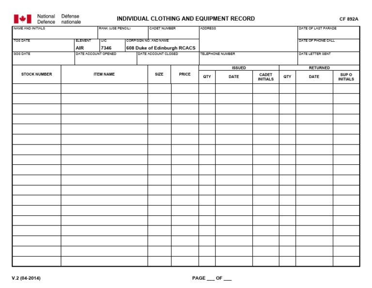 CF 892a - Individual Clothing and Equipment Record | PDF