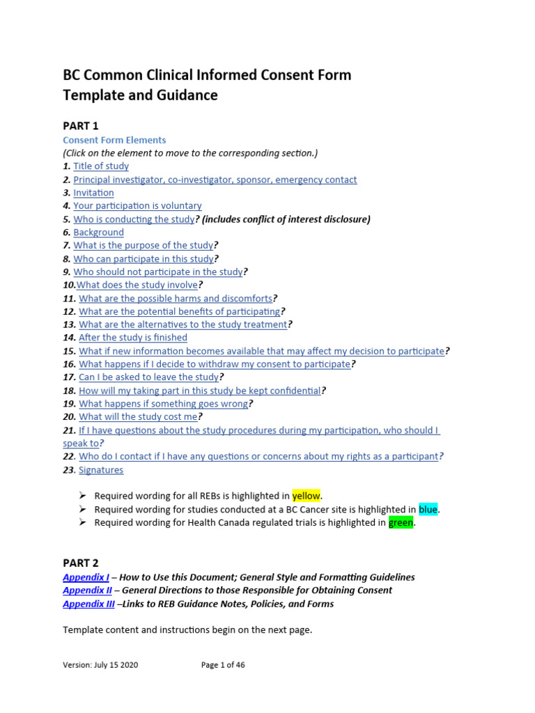 BC Common Clinical Informed Consent Template Guidance July 15 2020 | PDF