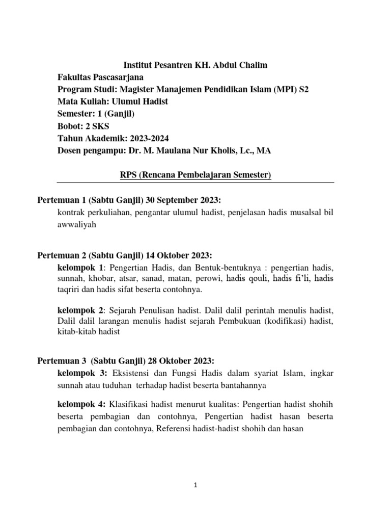RPS Ulumul Hadist MPI S2 2023-2024 Non Asrama | PDF | Sains & Matematika | Agama & Spiritualitas