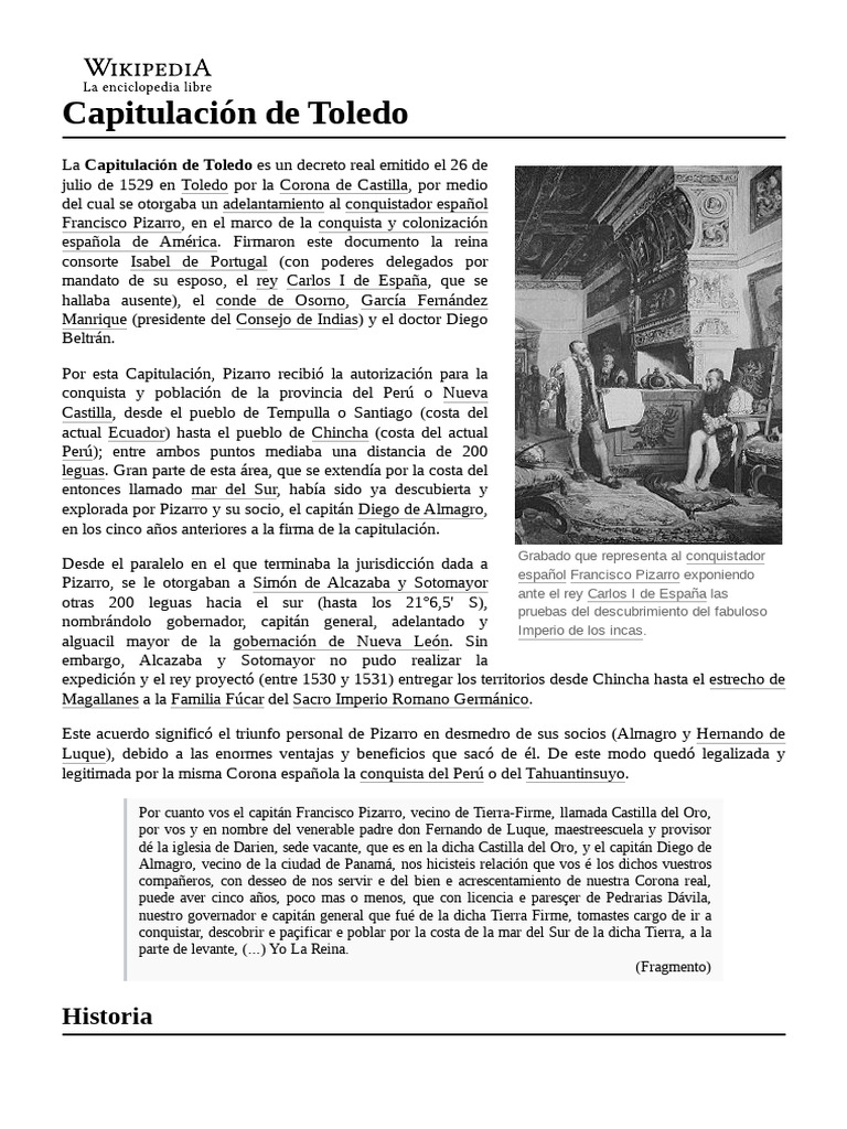 Capitulación de Toledo | PDF | Francisco Pizarro | Colonización ...
