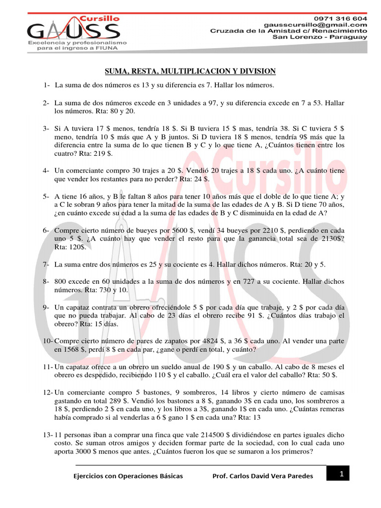 Suma, Resta, Multiplicacion y Division | PDF