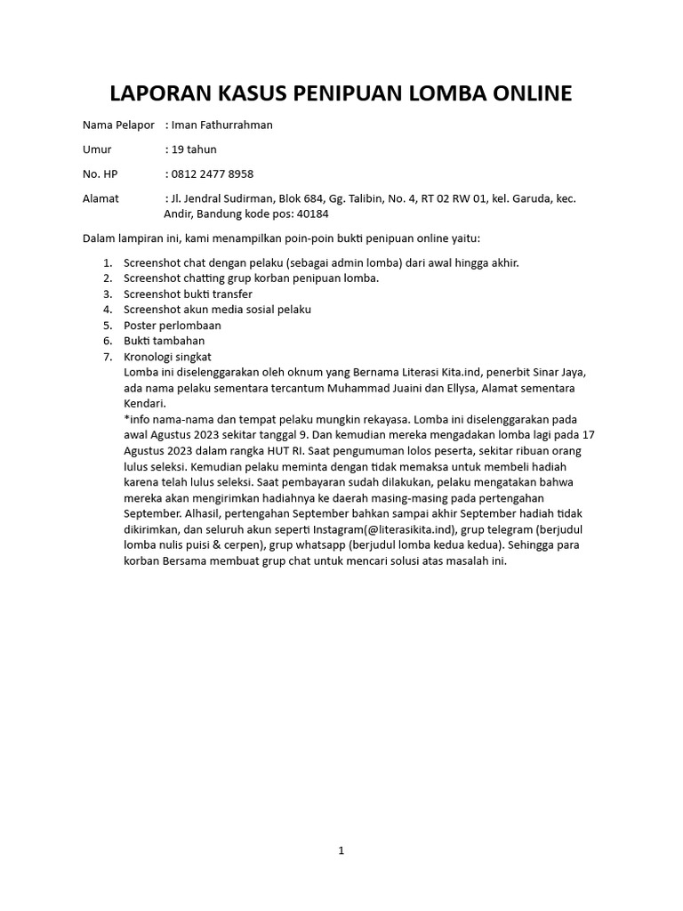 Laporan Kasus Penipuan Lomba Online | PDF