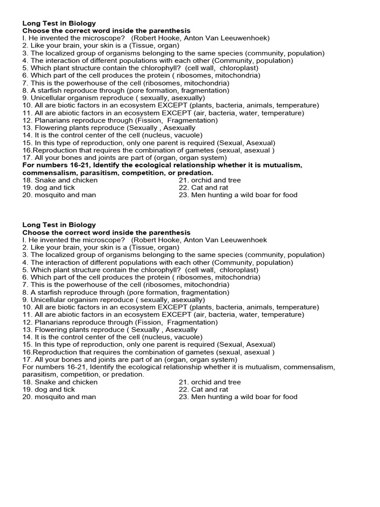 Long Test in Biology Part II | PDF