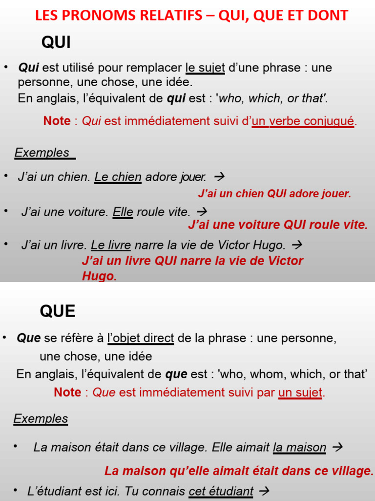 Day 2 Les Pronoms Relatifs - Qui, Que, Dont Ce Qui, Etc. | PDF