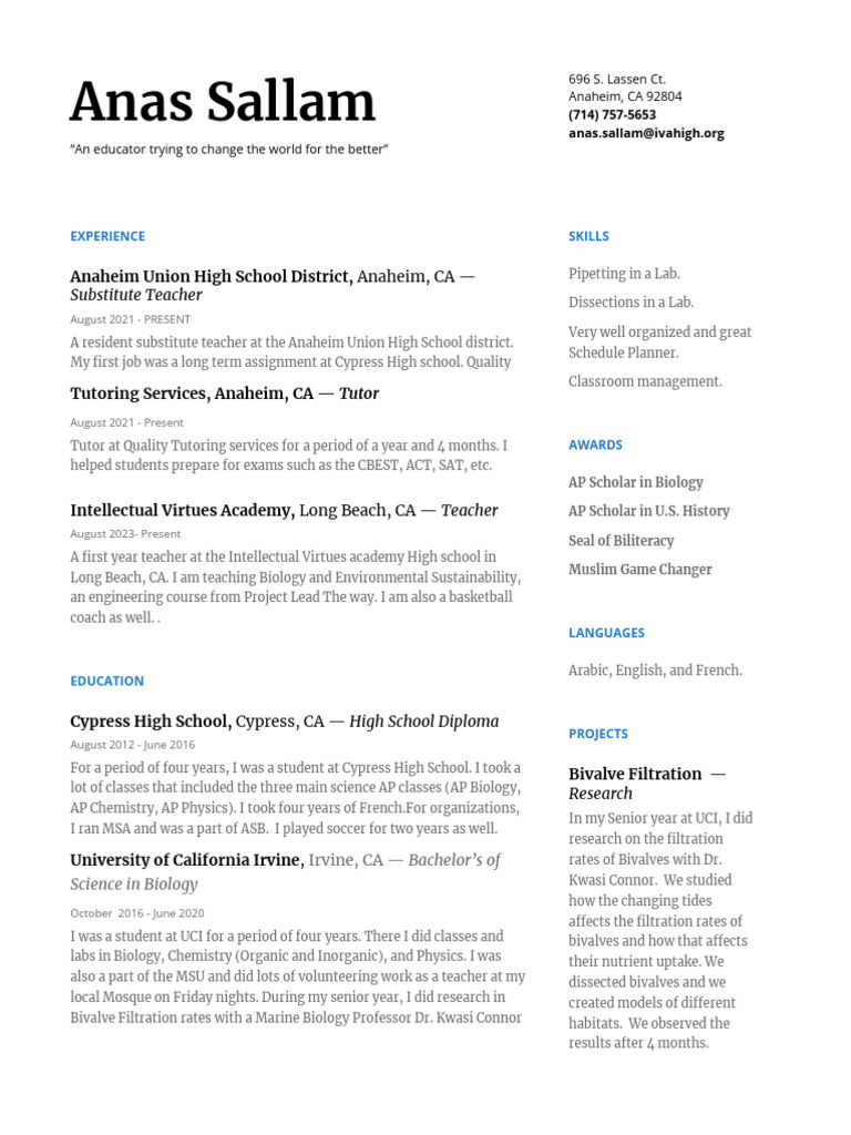 Anas Sallam Resume 2 | PDF | Science & Mathematics