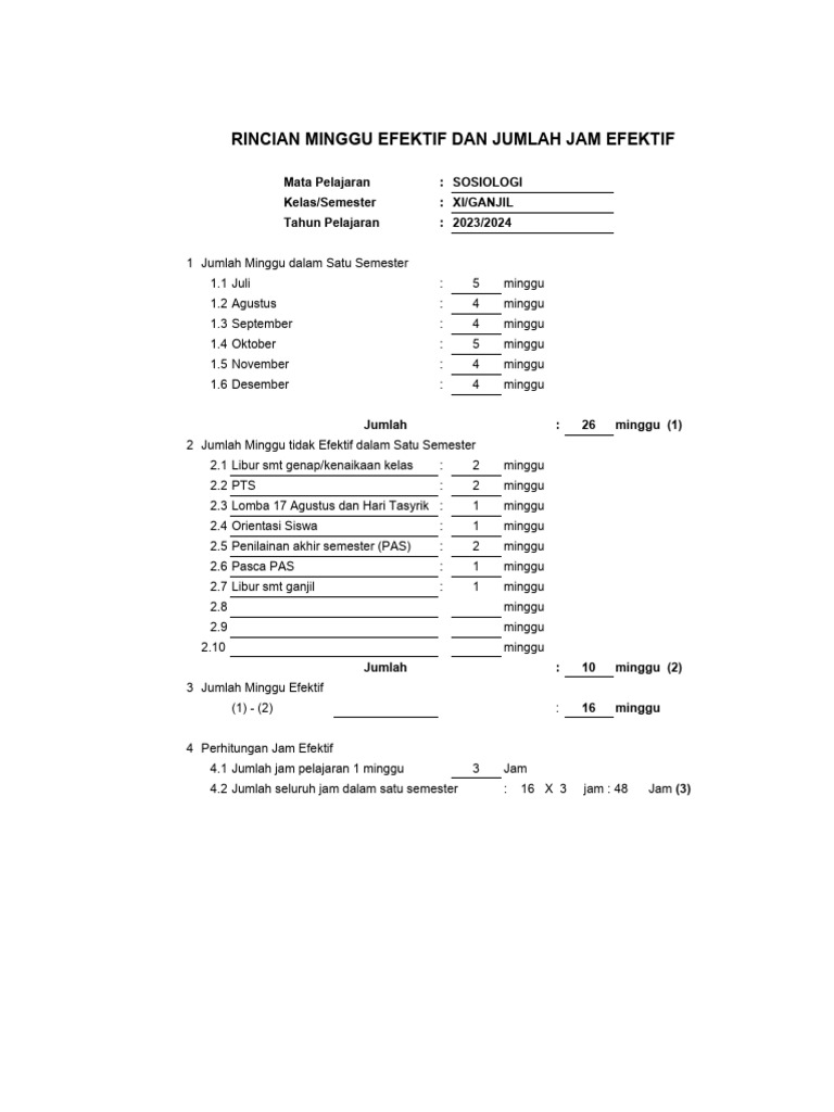 Format Rincian Minggu Efektif SMT 1 | PDF