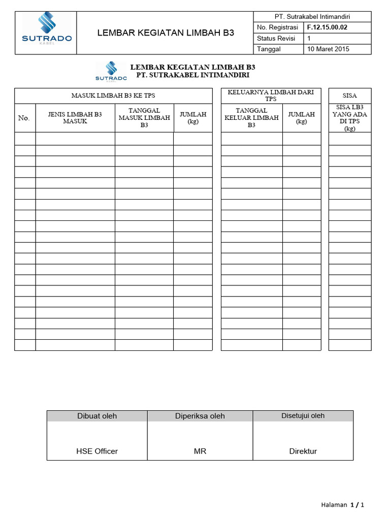 6 - F.12.15.00.02 - Rev1 - Form - Lembar Kegiatan Limbah B3 | PDF