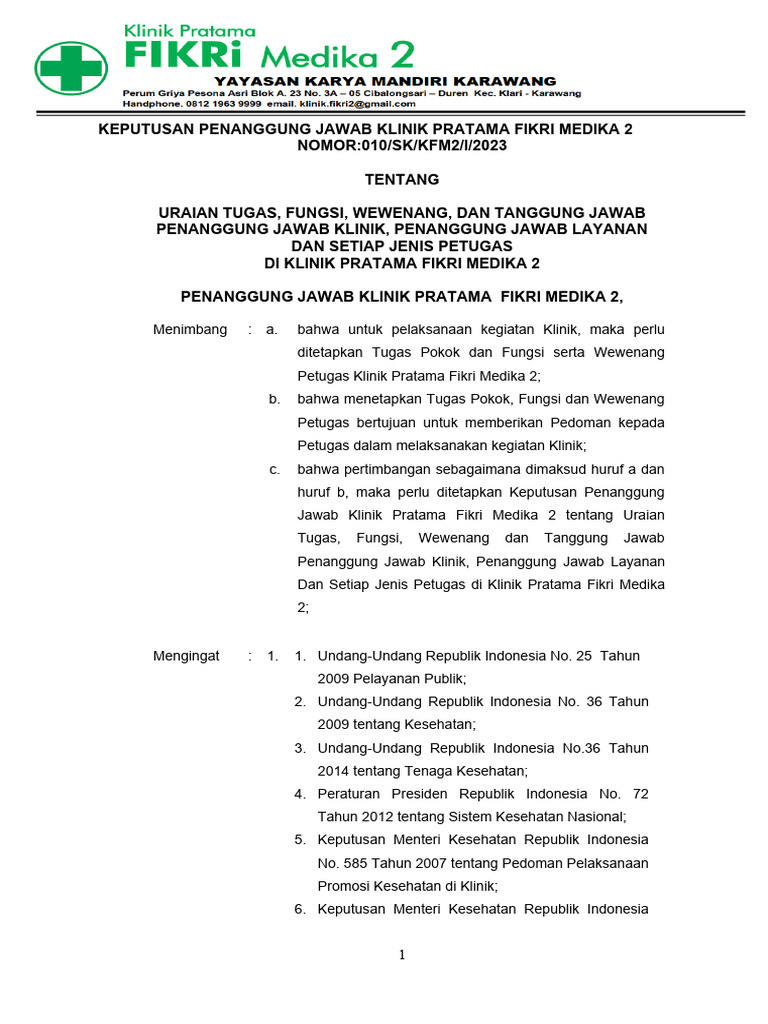 SK Uraian Tugas, Wewenang, Tanggung Jawab KL - FM2 | PDF