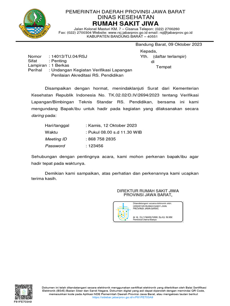 Surat Undangan Verifikasi Lapangan Penilaian Akreditasi Pendidikan RS ...