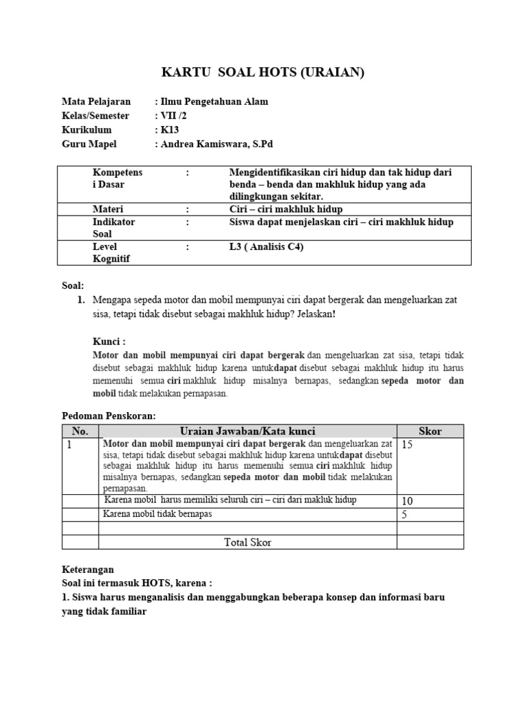 Kartu Soal Uraian | PDF