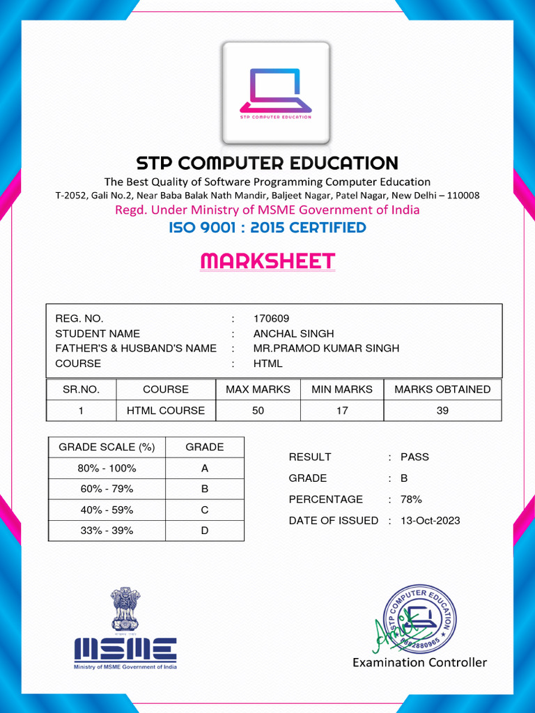 HTML Marksheet | PDF