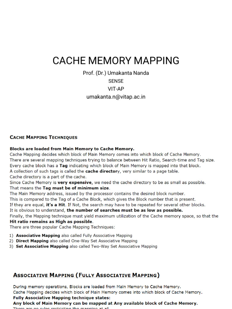 Cache Memory Mapping: Prof. (DR.) Umakanta Nanda | PDF