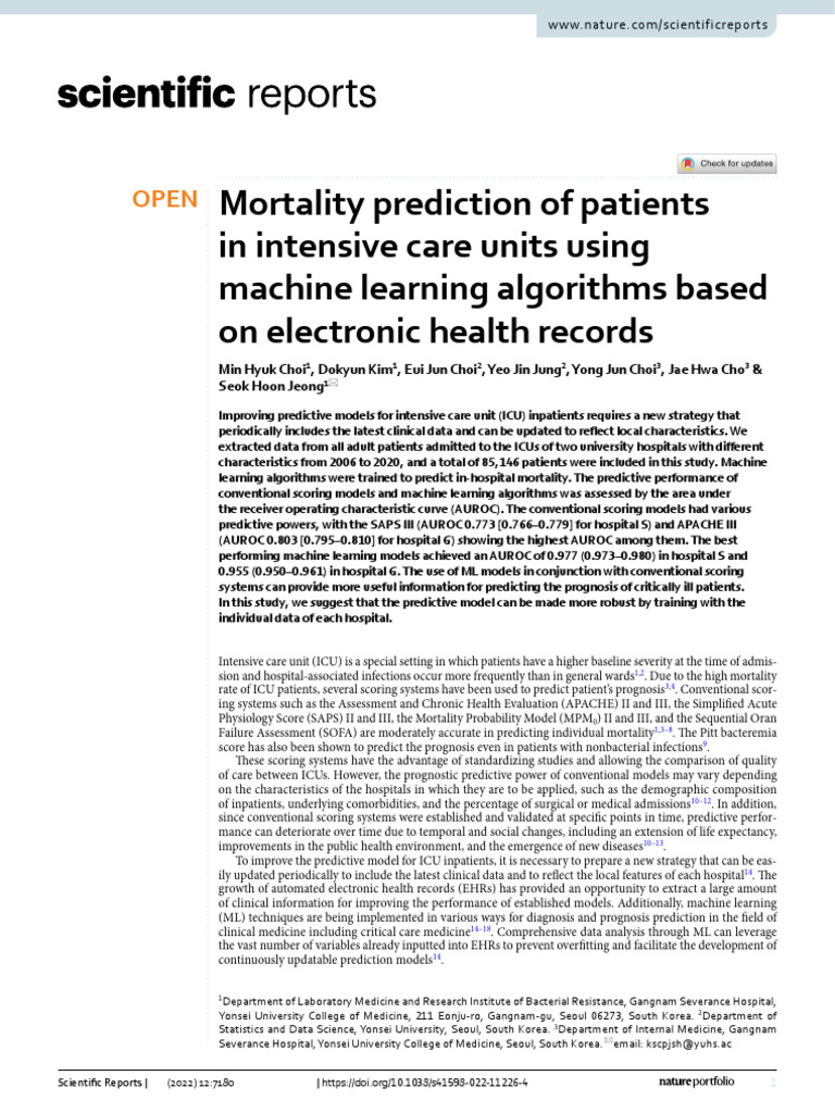 Mortality Prediction of Patients in Intensive Care Units Using Machine ...