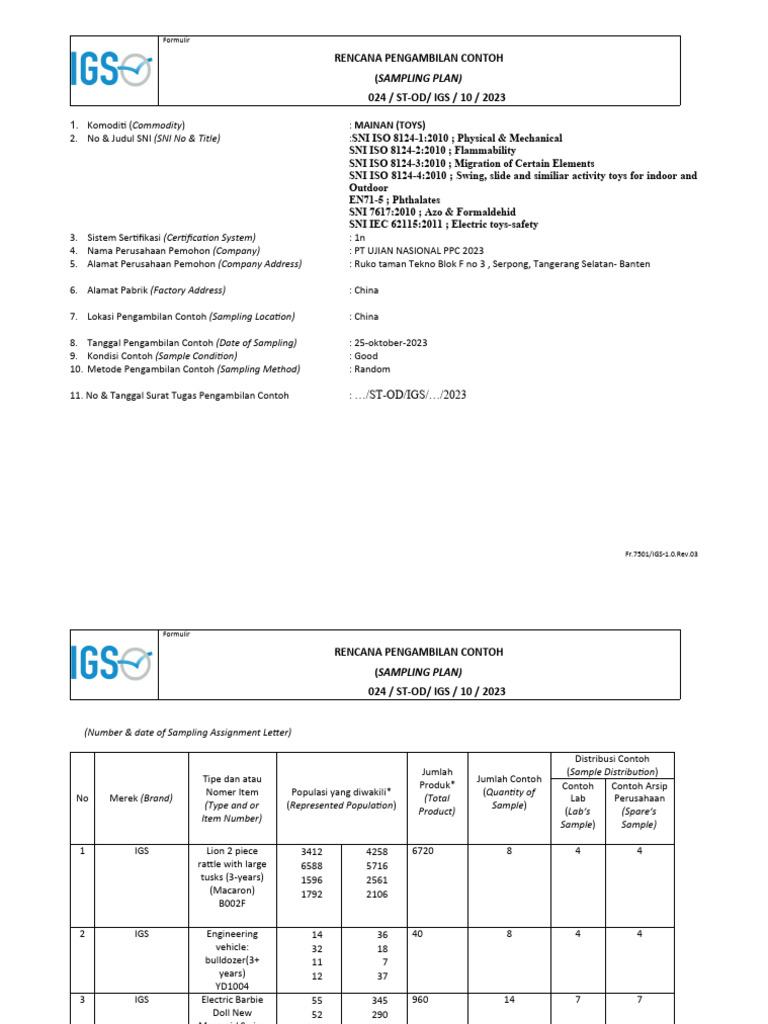 Fr.7501 Sampling Plan Tipe 1 1.0.rev.03 | PDF
