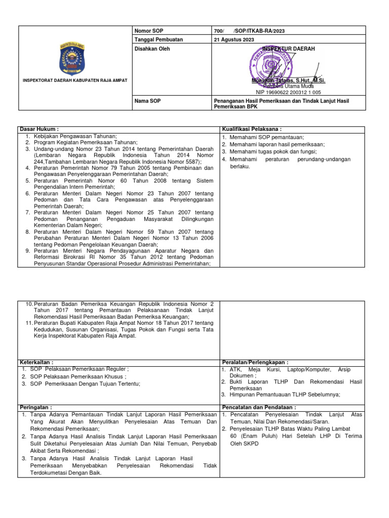 SOP Penanganan LHP Dan Penyelesaian Tindak Lanjut Hasil Pemeriksaan ...