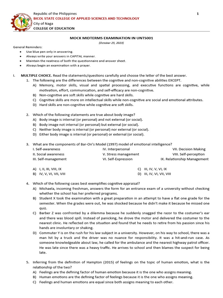 Mock Exam UTS Midterms | PDF | Soul | Mind