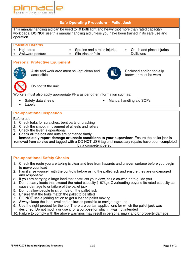 Pallet Jack Safety SOP Guide | PDF | Pallet | Personal Protective Equipment