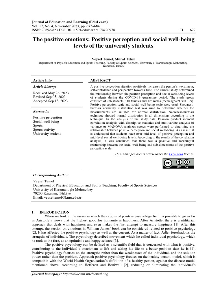 The Positive Emotions: Positive Perception and Social Well-Being Levels ...