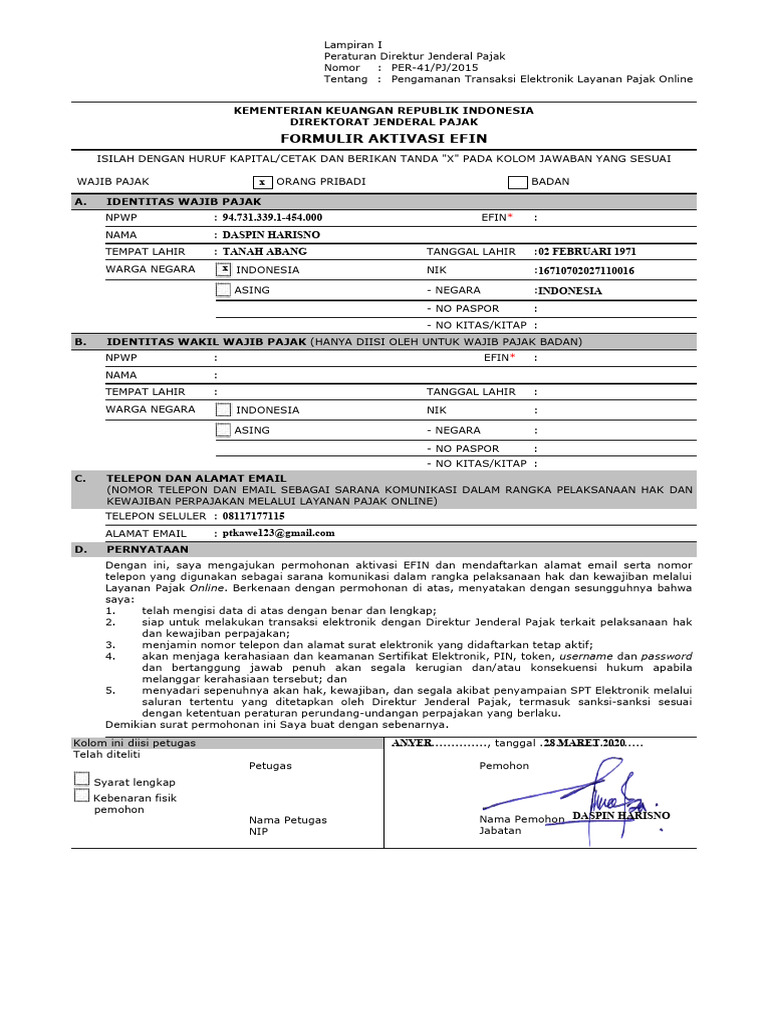 Formulir Aktivasi EFIN Pajak | PDF