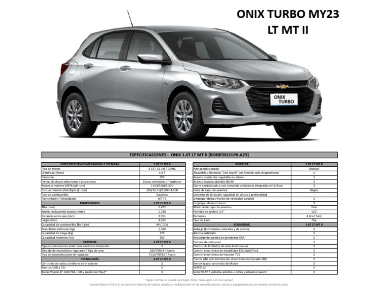Ficha Técnica New Onix 2023 (Solo HB LT) | PDF | Carros deportivos | Vehículo de motor