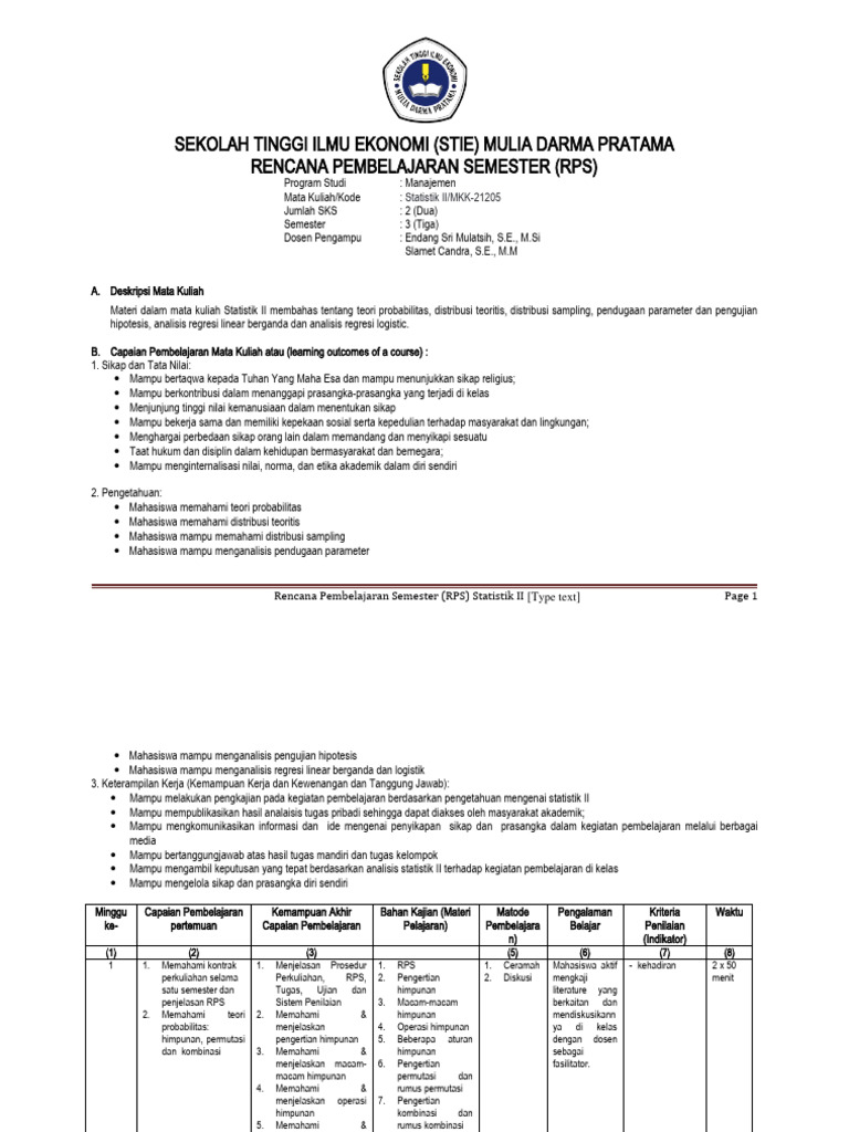 Statistik II. RPS MJdocx | PDF