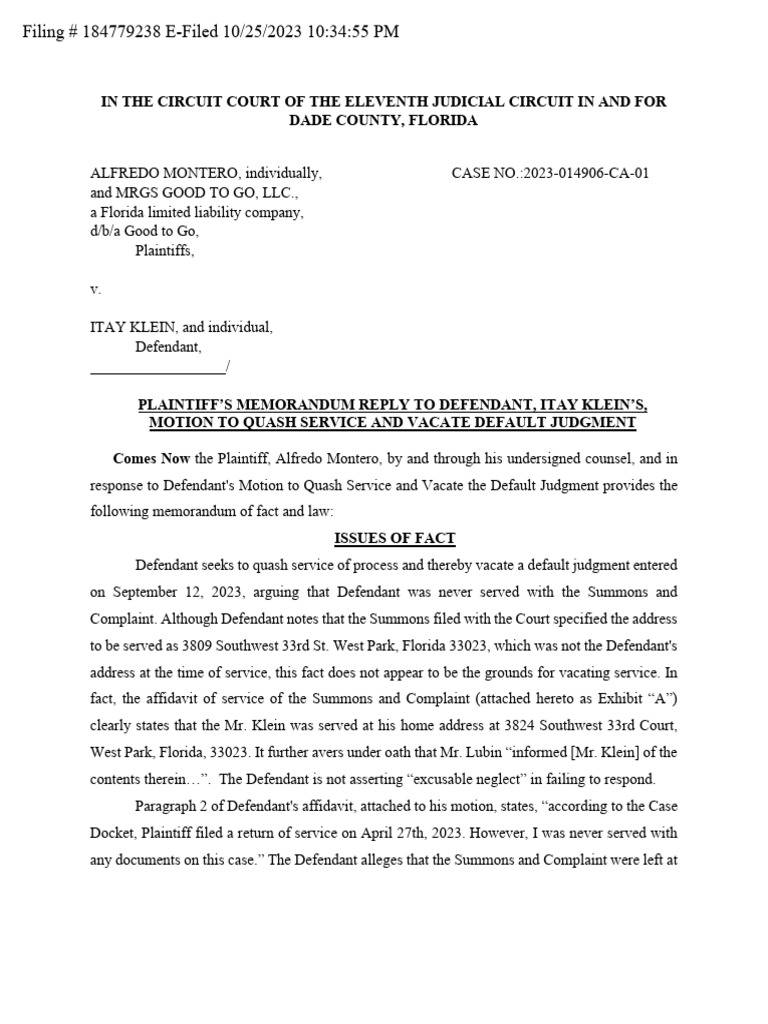 2023-10-25 Memorandum Reply To Motion To Quash Service and Vacate Default | PDF | Default ...