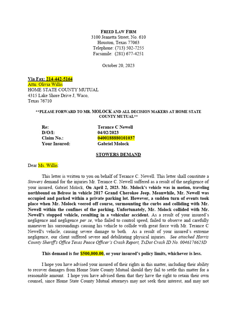 Stowers Demand for Terance Newell's Claim | PDF | Politics | Social Science