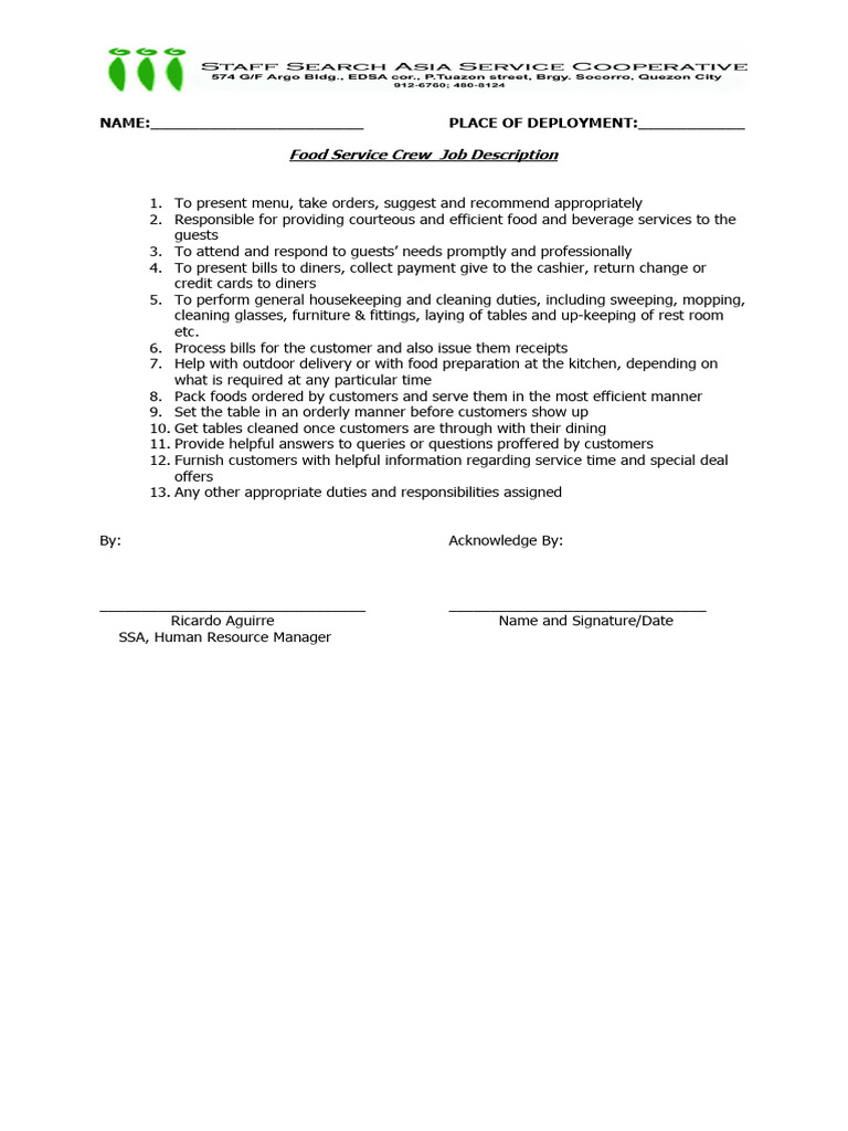 Service Crew Job Description | PDF