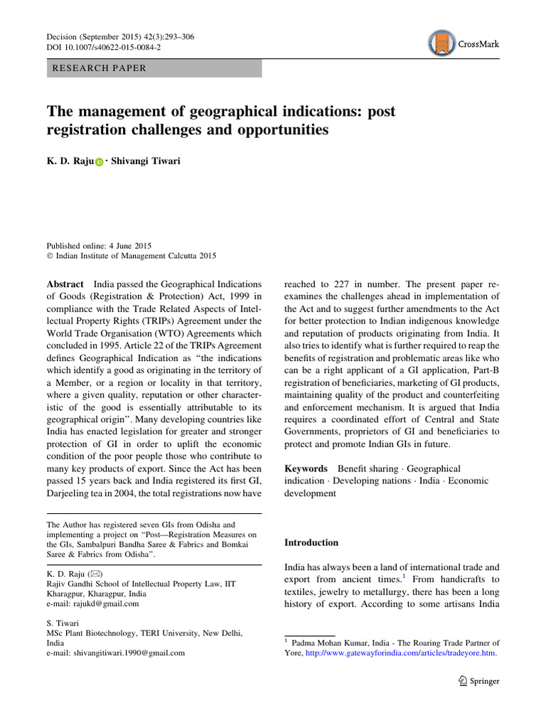 The Management of Geographical Indications: Post Registration Challenges and Opportunities | PDF ...