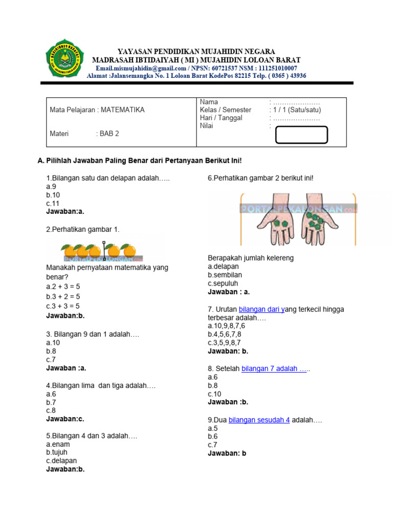 Soal Sumatif MTK KLS 1 Bab 2 (Dicariguru - Com) 1 | PDF