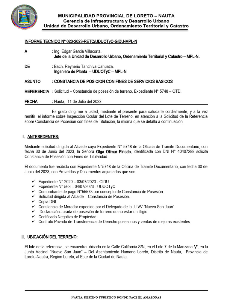 Informe #023-2023-RETCUDUOTyC-GIDU-MPL-N - Constancia de Posesion Servicios Basicos - OLGA ...