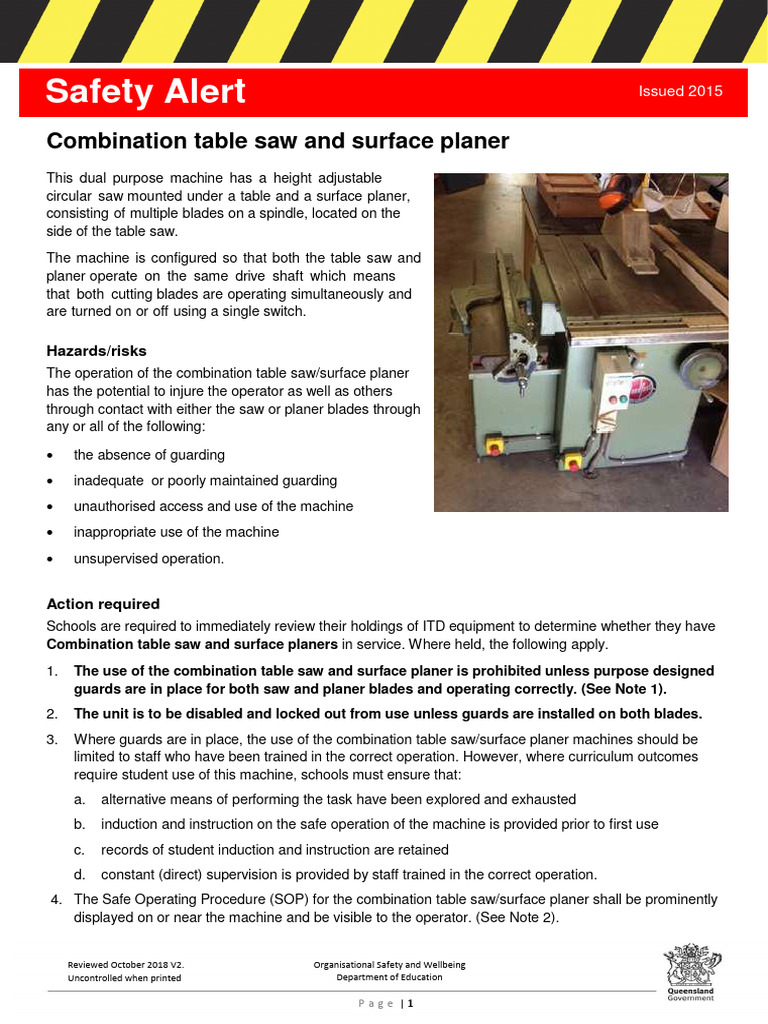 Combination Table Saw Surface Planer Fact Sheet | PDF | Machines | Safety