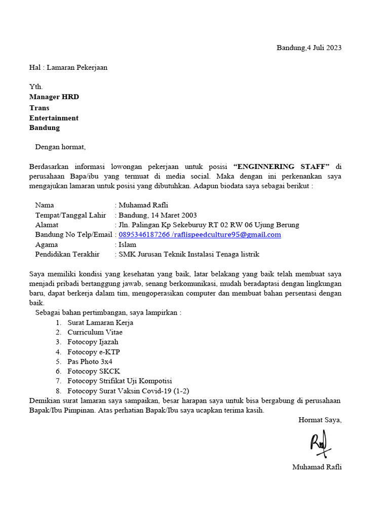 Surat Lamaran Muhamad Rafli - Ts | PDF