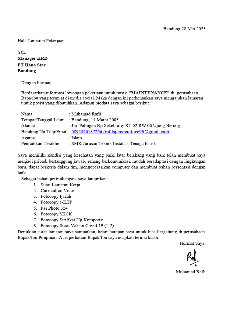 Surat Lamaran Muhamad Rafli - Hns | PDF