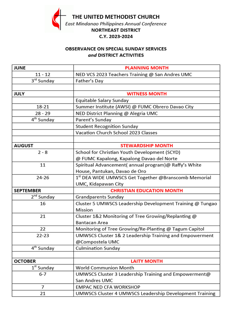 Calendar of Activities | PDF | United Methodist Church | Christian ...