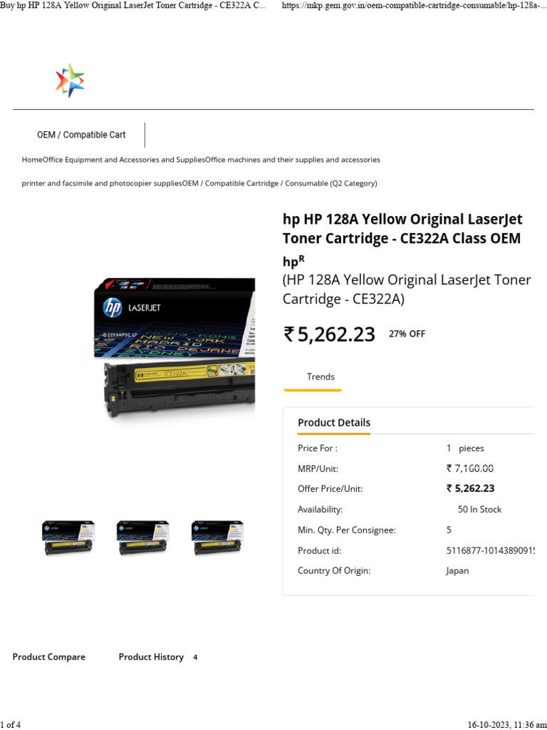 Buy HP HP 128A Yellow Original LaserJet Toner Cartridge - CE322A Class ...