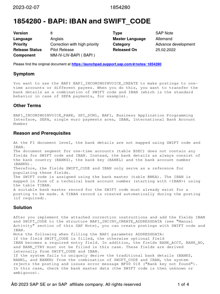 BAPI: IBAN and SWIFT - CODE: Symptom | PDF