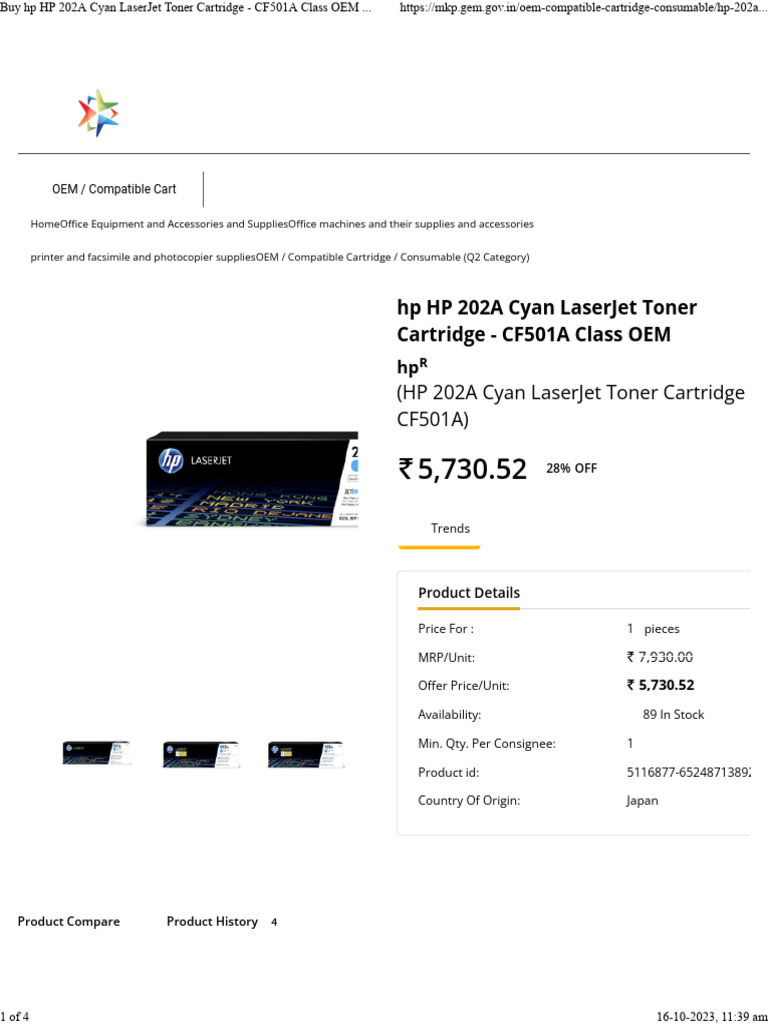 Buy HP HP 202A Cyan LaserJet Toner Cartridge - CF501A Class OEM Online Government e Marketplace ...