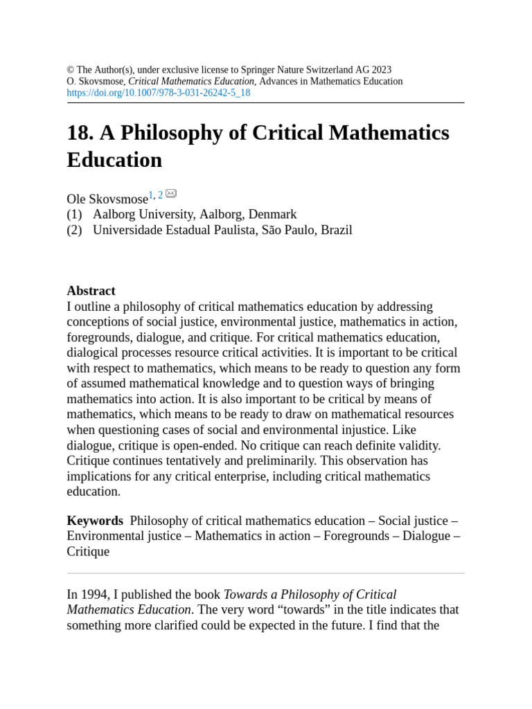 A Philosophy of Critical Mathematics Education | PDF | Politics ...