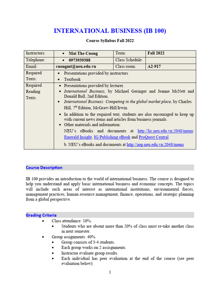 1 Int Biz Course Syllabus Fall 2022 | PDF