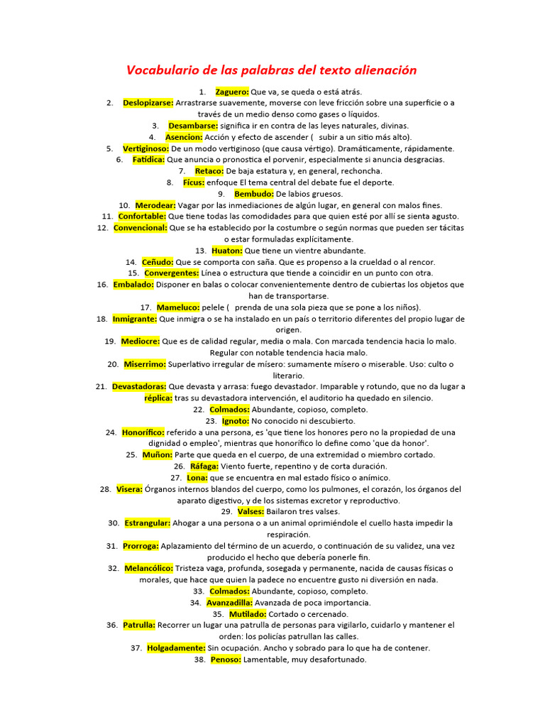 Vocabulario de Las Palabras Texto Alienación | PDF