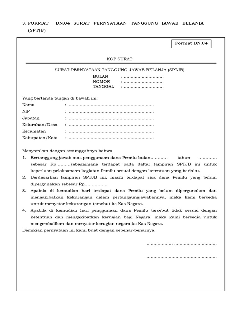 Format Dn.04 Surat Pernyataan Tanggung Jawab Belanja | PDF