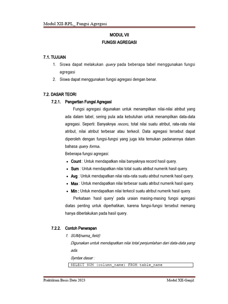 Modul Fungsi Agregasi Basis Data | PDF