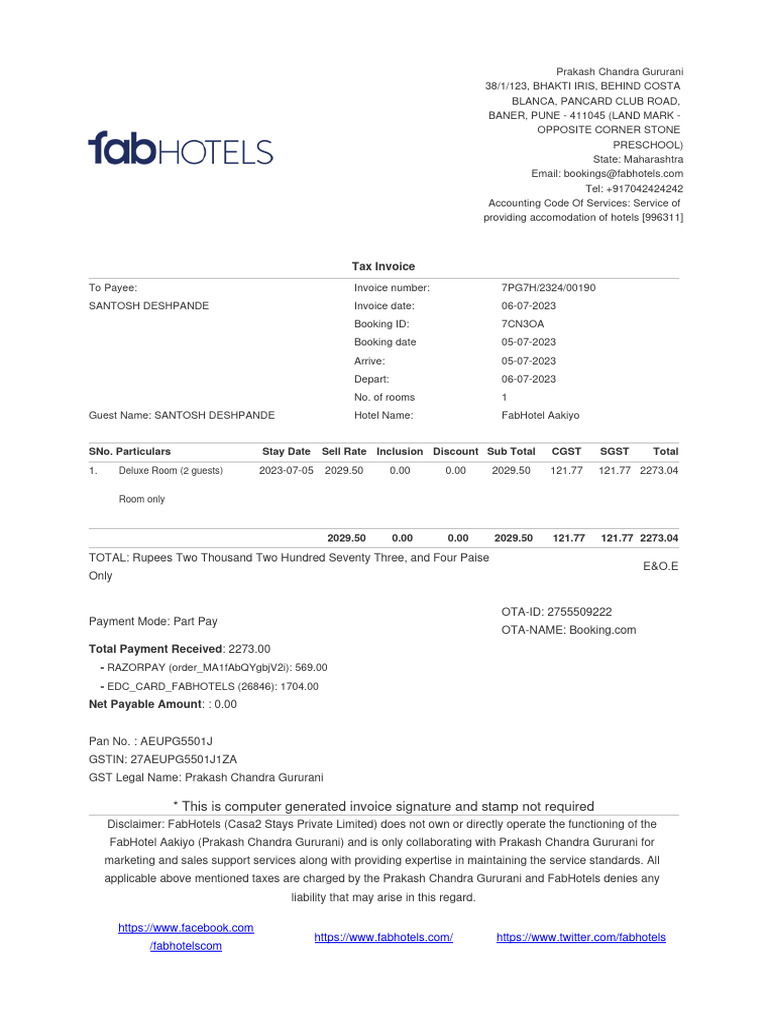 PUNE - Hotel Stay | PDF | Invoice | Government