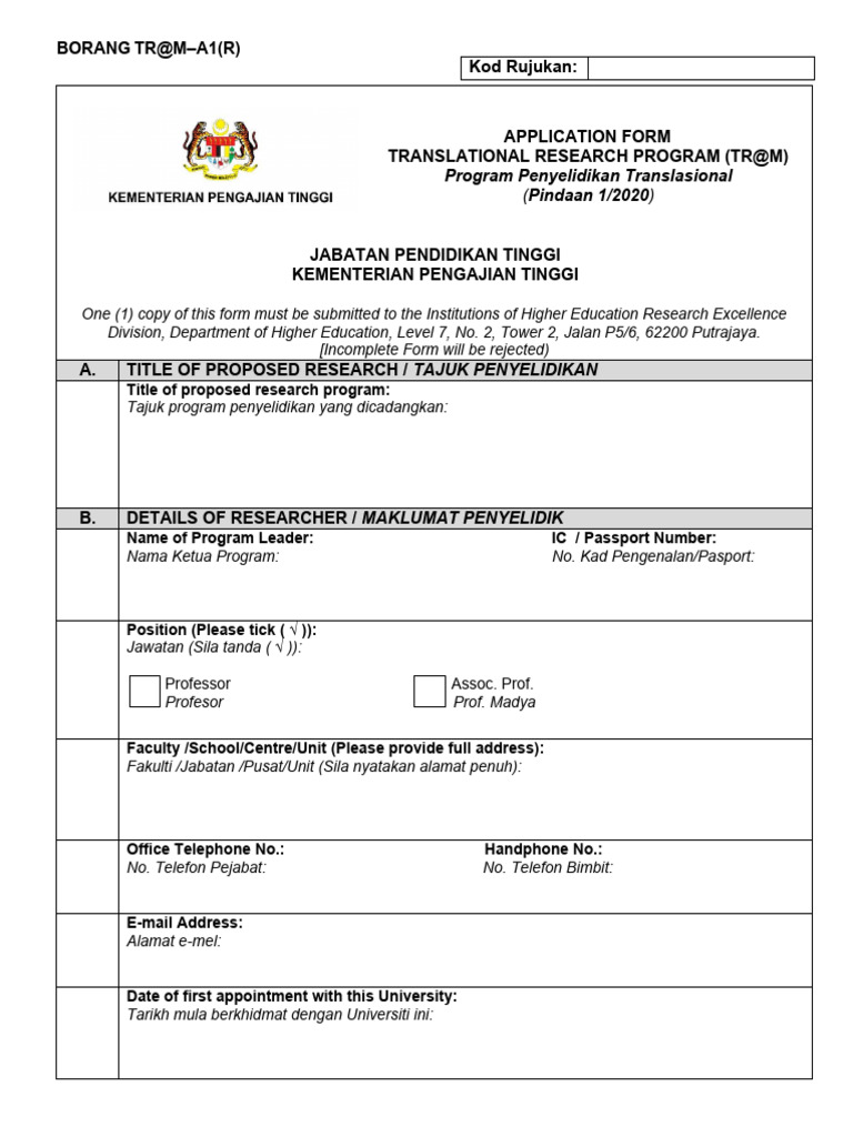 Pindaan 2020 Borang Permohonan Penyelidikan Strategik Translational Research | PDF