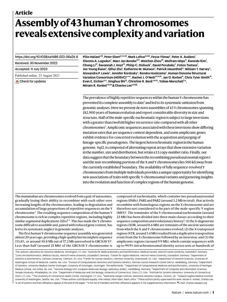 Nature 2023. Assembly of 43 Human Y Chromosomes Reveals Extensive ...