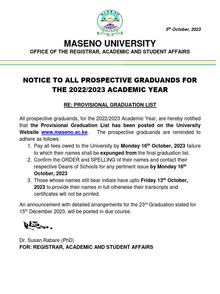 Maseno University 2023 Graduation Notice | PDF | Science & Mathematics