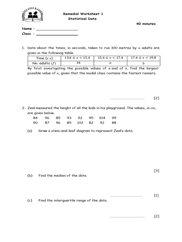 Statistical Data Remedial Worksheet | PDF