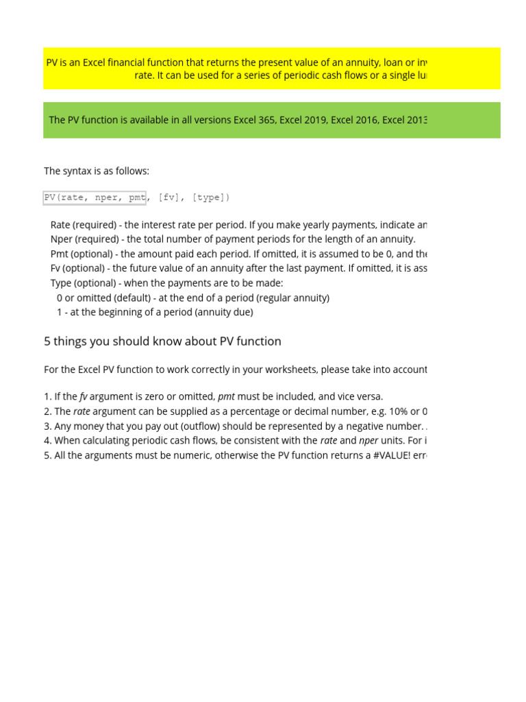 5 Things You Should Know About PV Function: PV (Rate, Nper, PMT, (FV ...